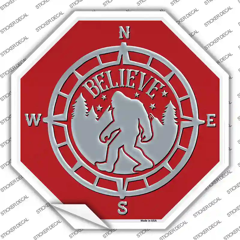 Believe Bigfoot Compass Red Novelty Octagon Sticker Decal | Smart Blonde